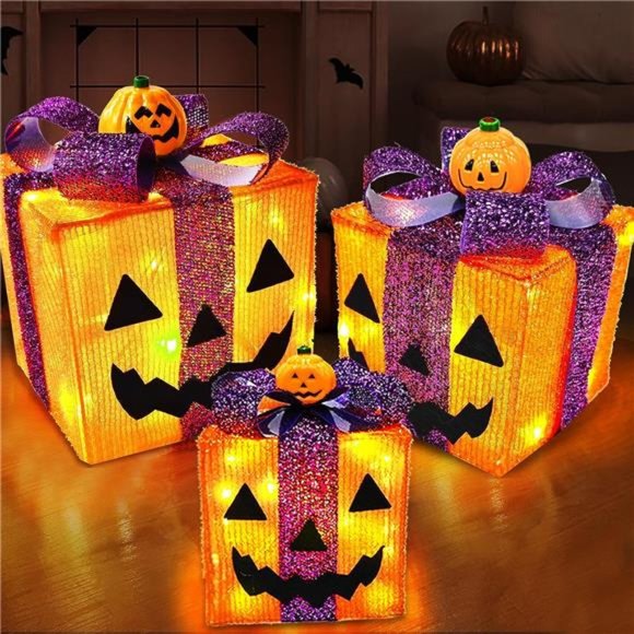 Holiday | 8 Modes Timer 3 Pack Lighted Halloween Pumpkin Decor With 6 ...